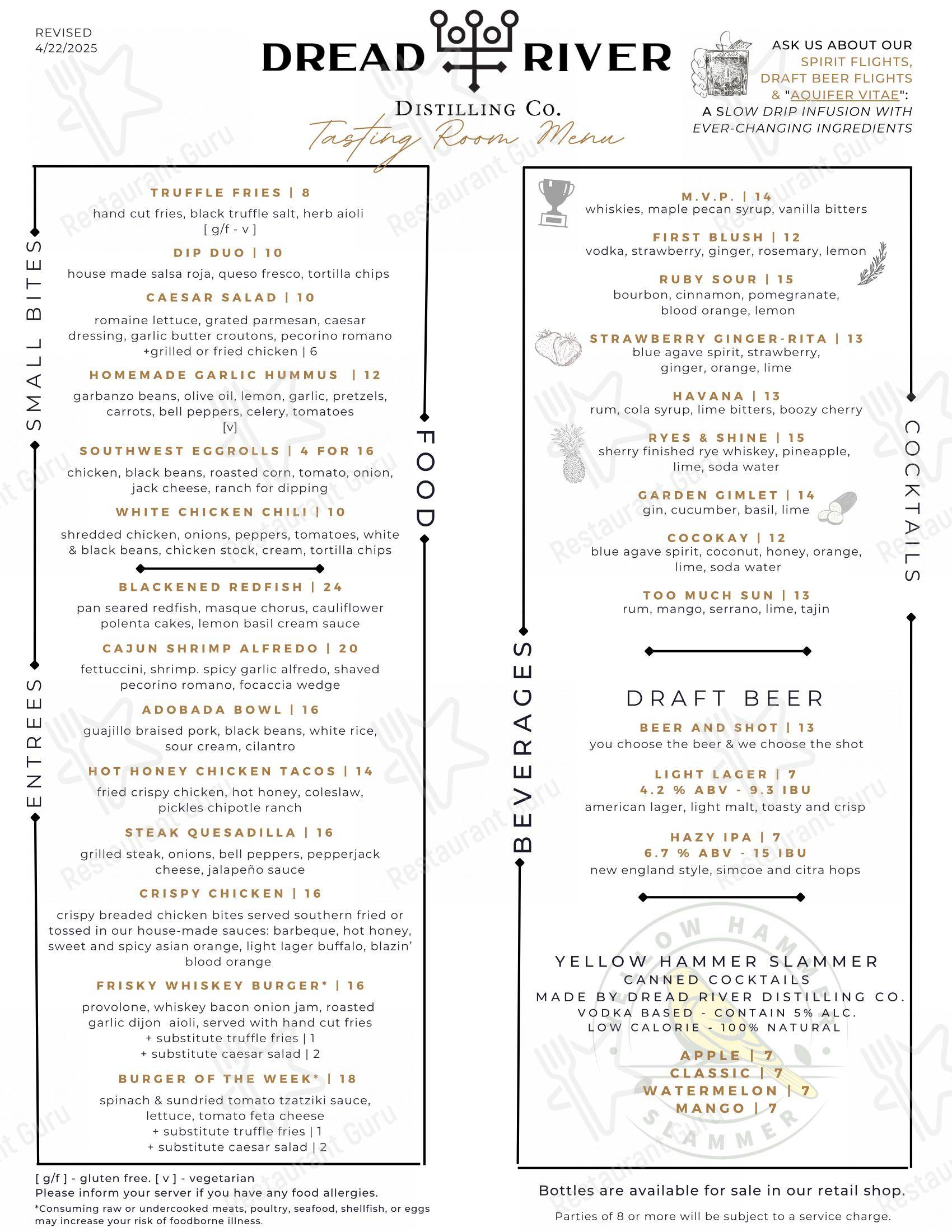 Menu at Dread River Distilling Company pub & bar, Birmingham