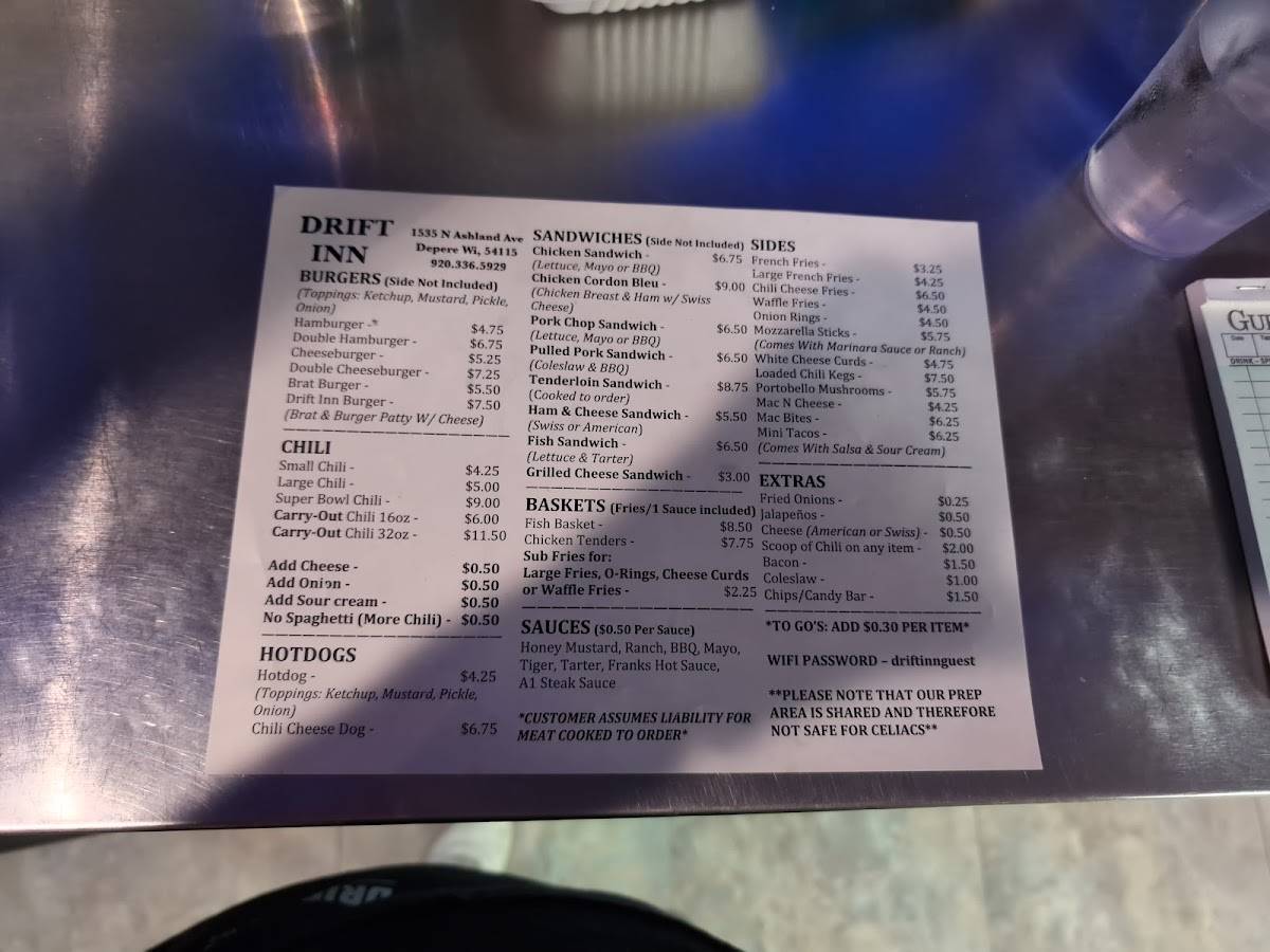 Menu at Drift Inn restaurant, De Pere