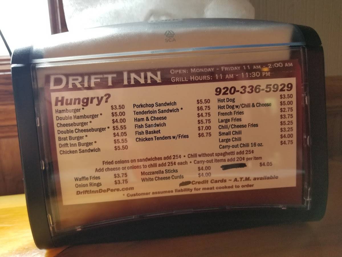 Menu at Drift Inn restaurant, De Pere
