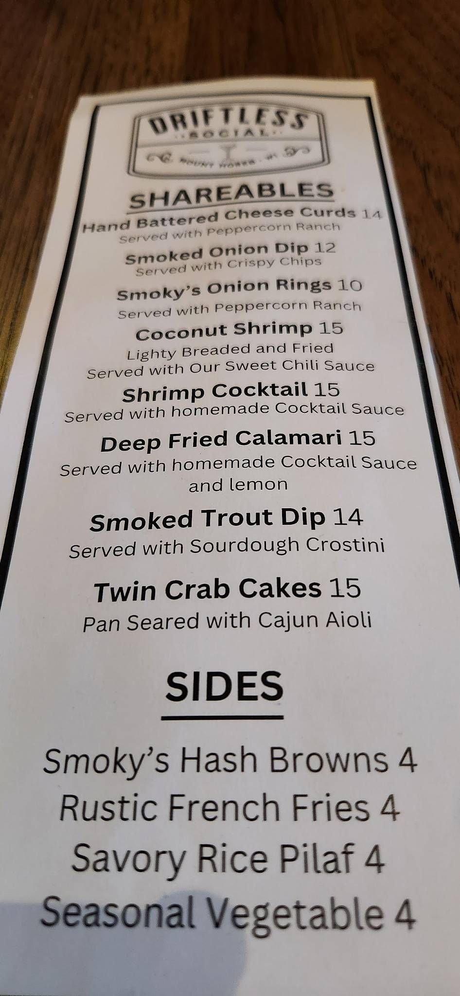 Menu at Driftless Social pub & bar, Mount Horeb