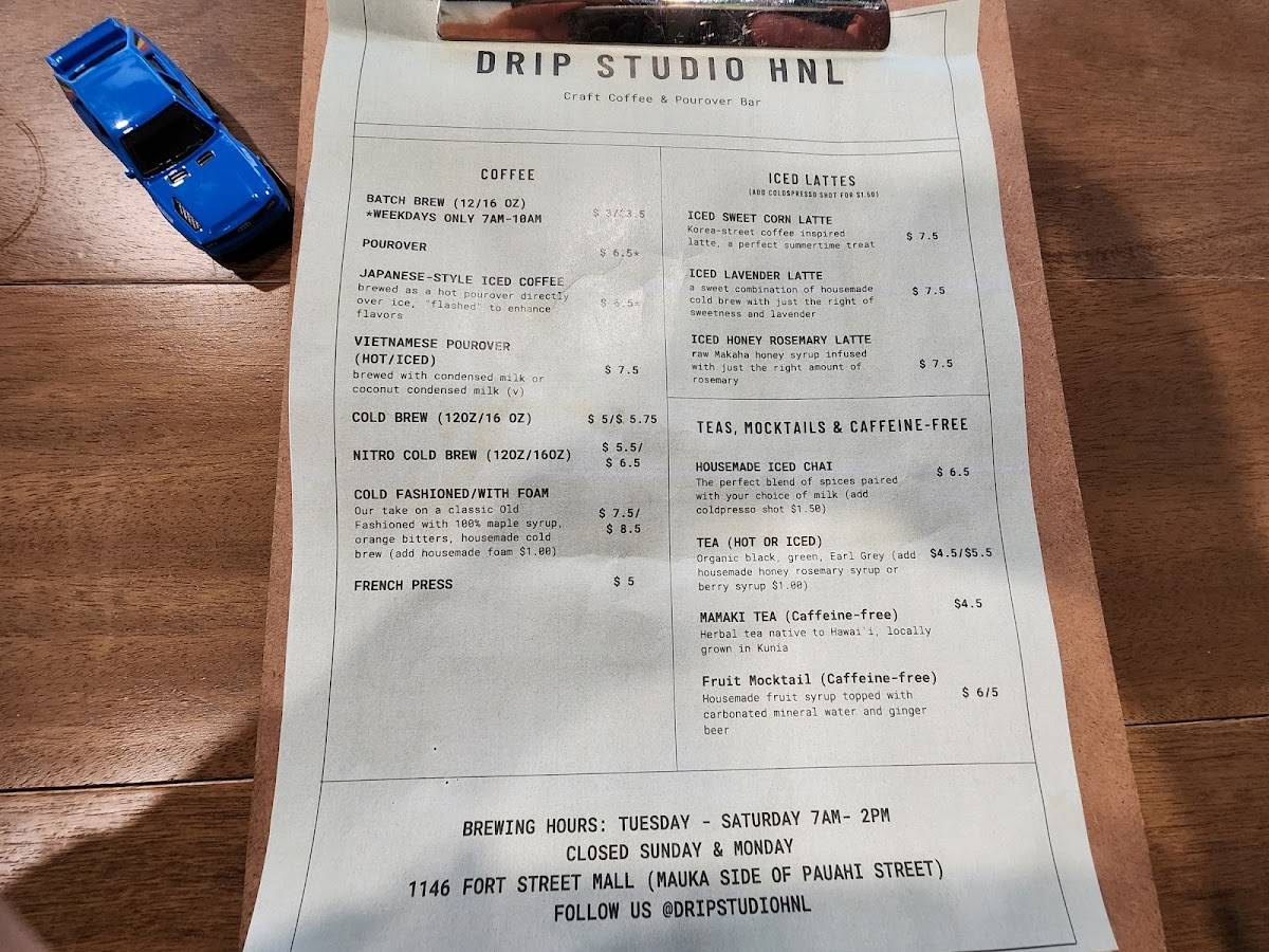 Menu at Drip Studio HNL Specialty Coffee, Honolulu
