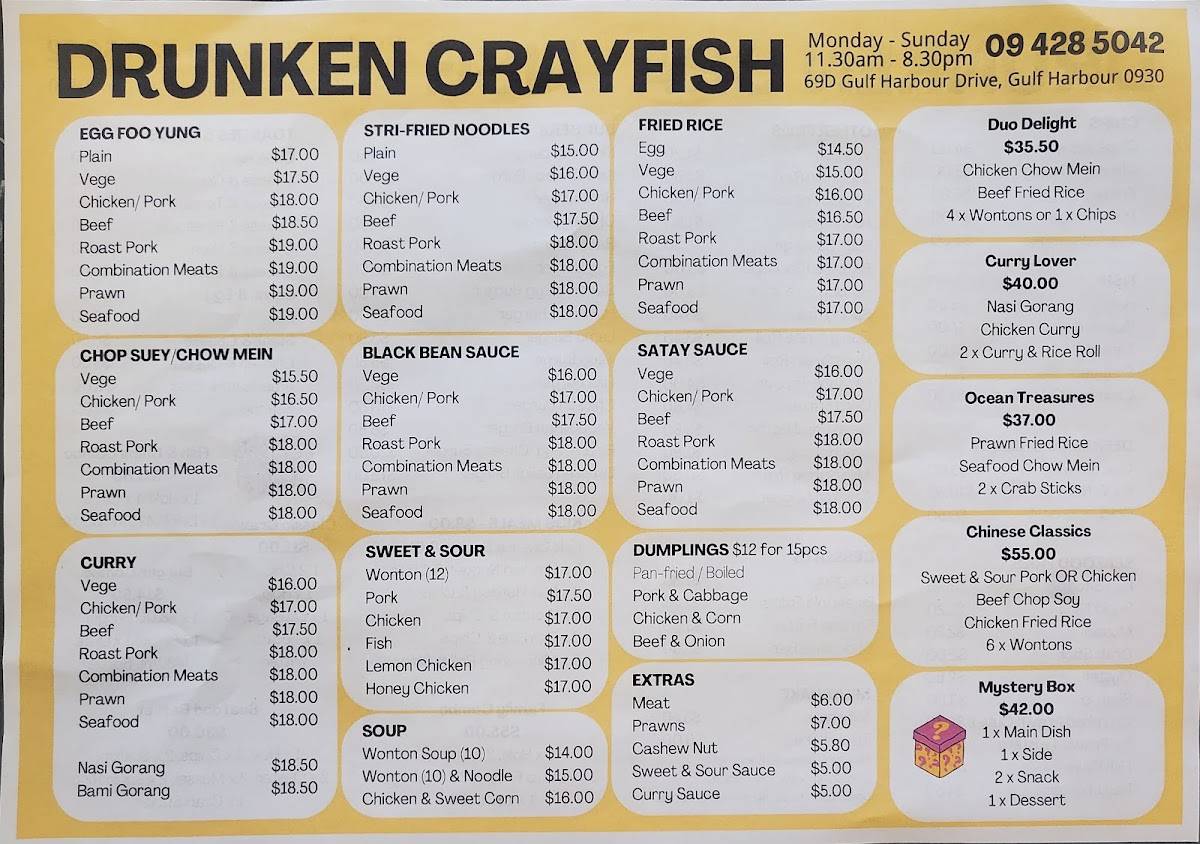 Menu at Drunken Crayfish restaurant, Whangaparaoa