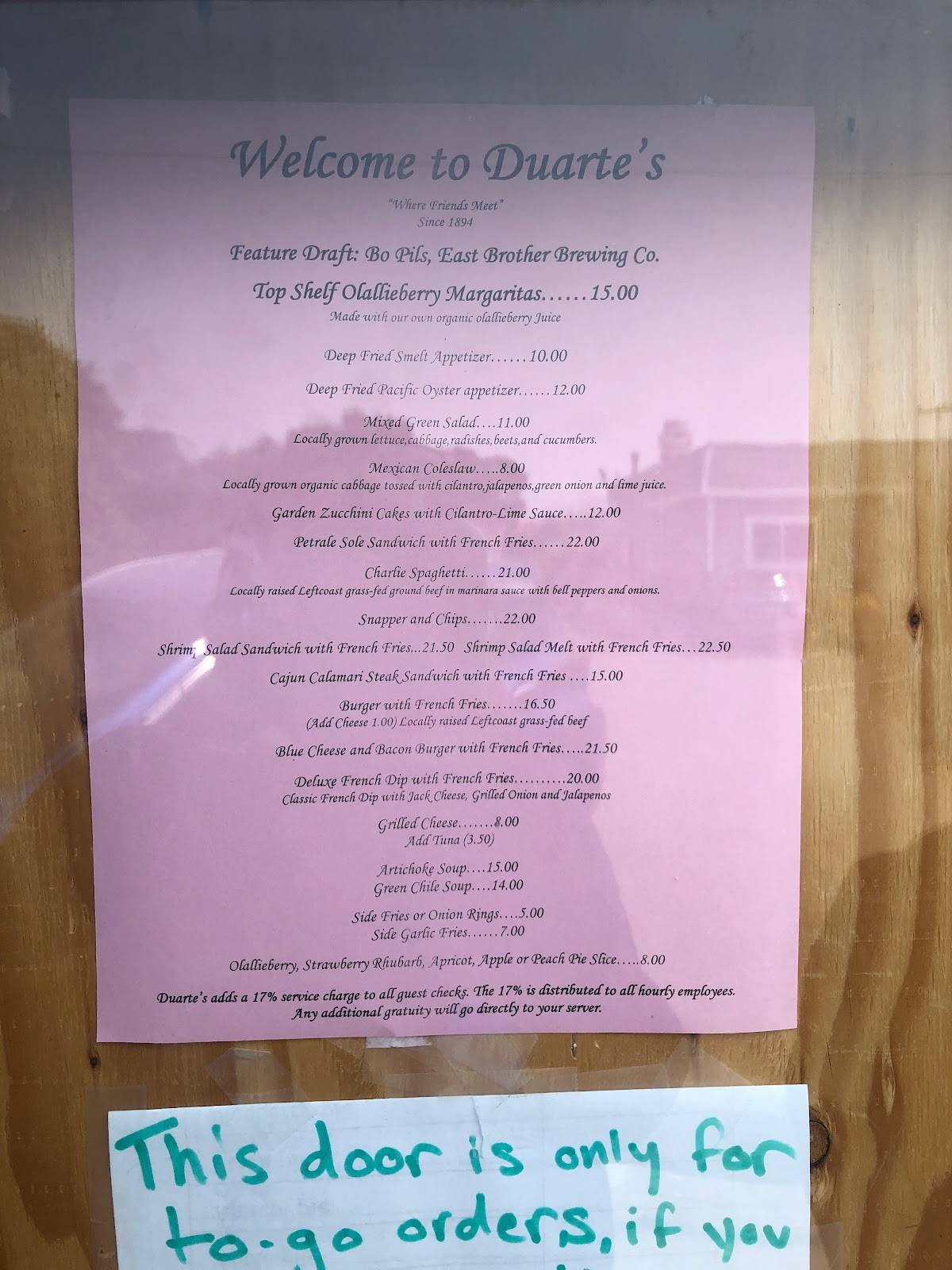Menu at Duarte's Tavern restaurant, Pescadero