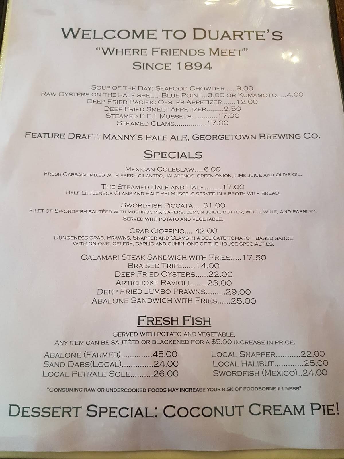 Menu at Duarte's Tavern restaurant, Pescadero