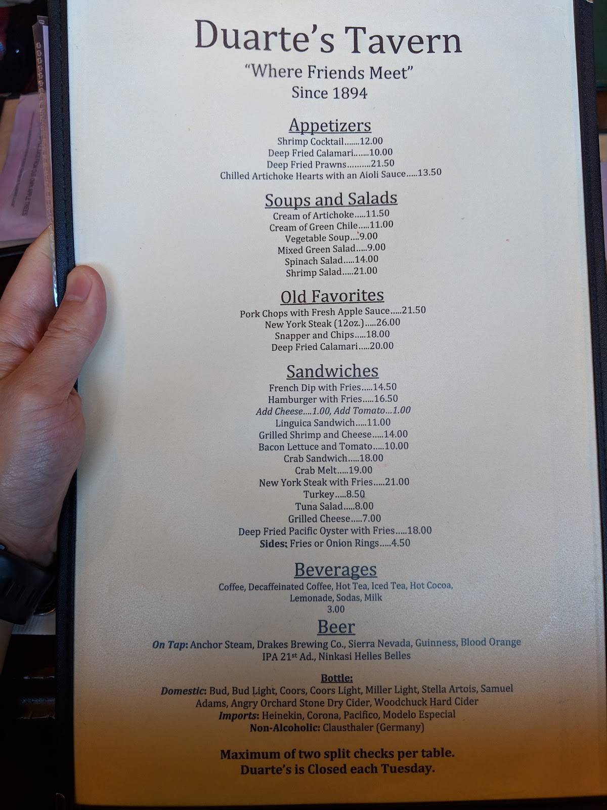 Menu at Duarte's Tavern restaurant, Pescadero