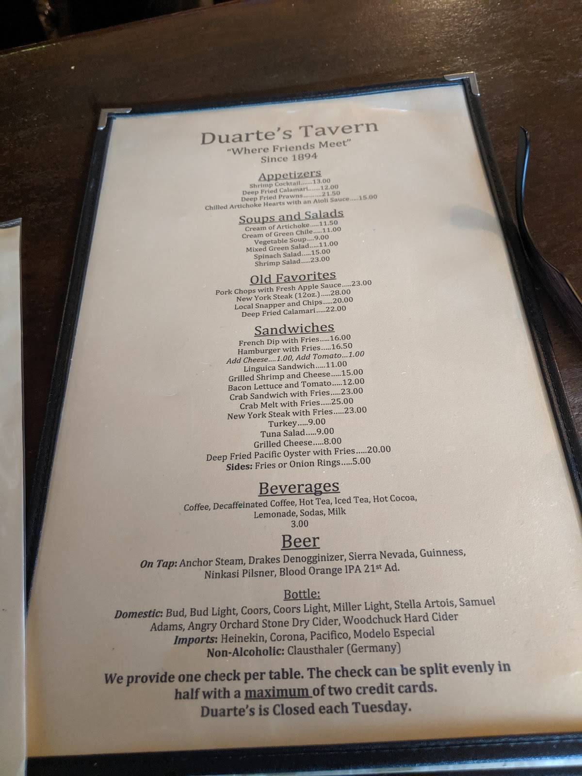 Menu at Duarte's Tavern restaurant, Pescadero