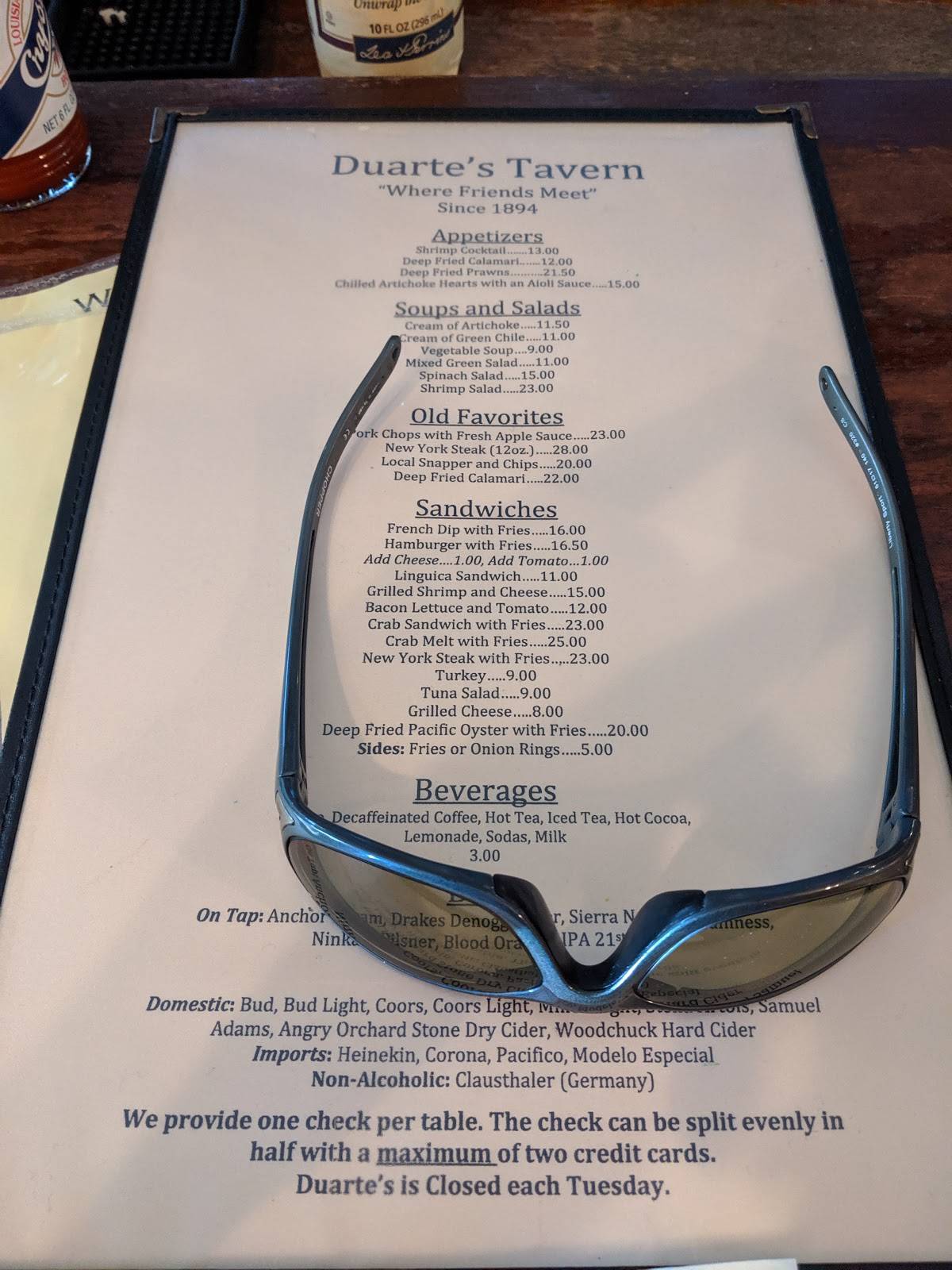 Menu at Duarte's Tavern restaurant, Pescadero