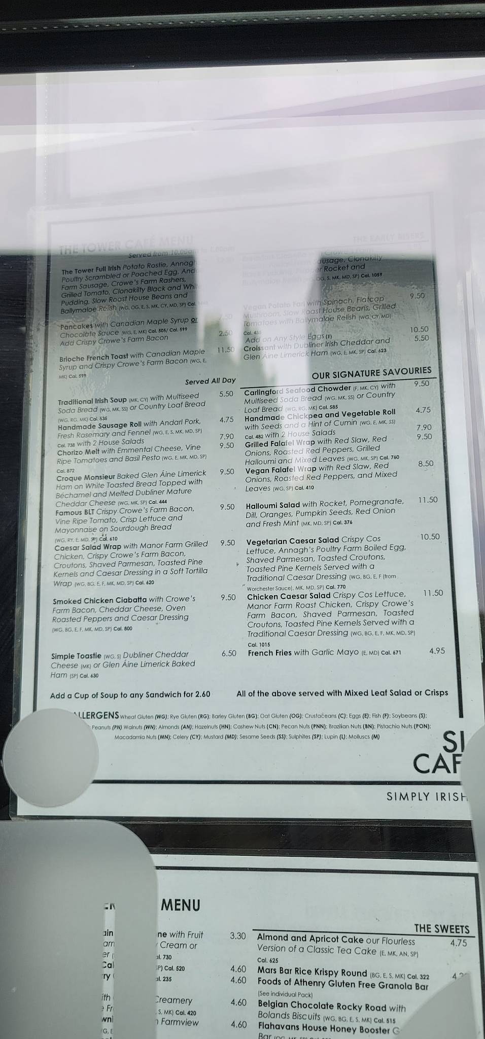 Menu at The Tower Cafe, Dublin, Glasnevin Cemetery