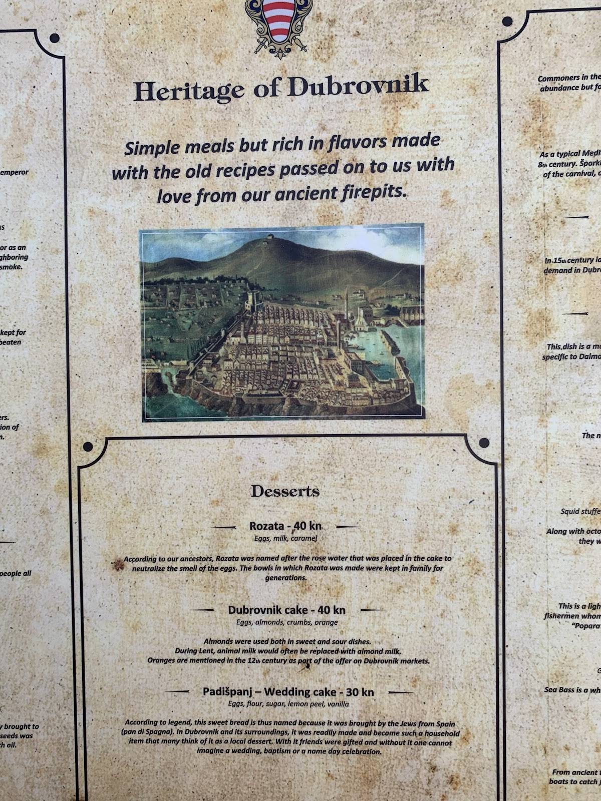 Menu at Heritage of Dubrovnik restaurant, Dubrovnik