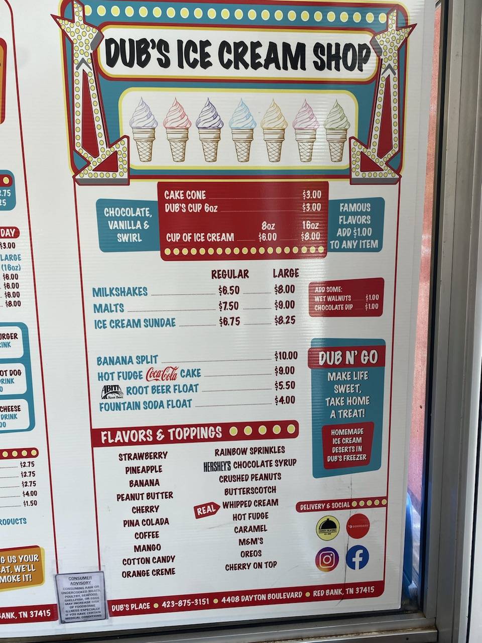 Menu at Dub's Place restaurant, Chattanooga