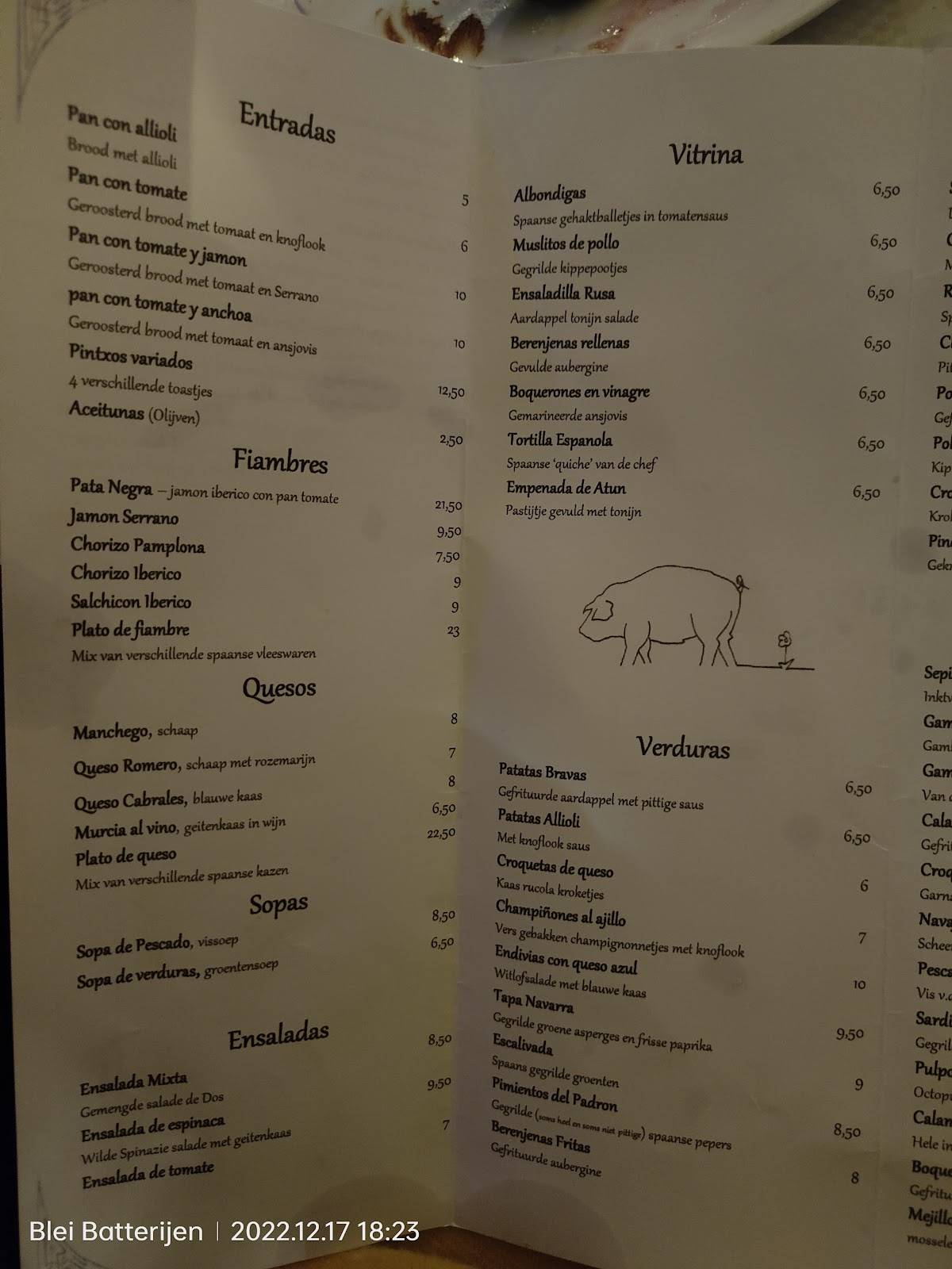 Menu at Duende Dos, Amsterdam
