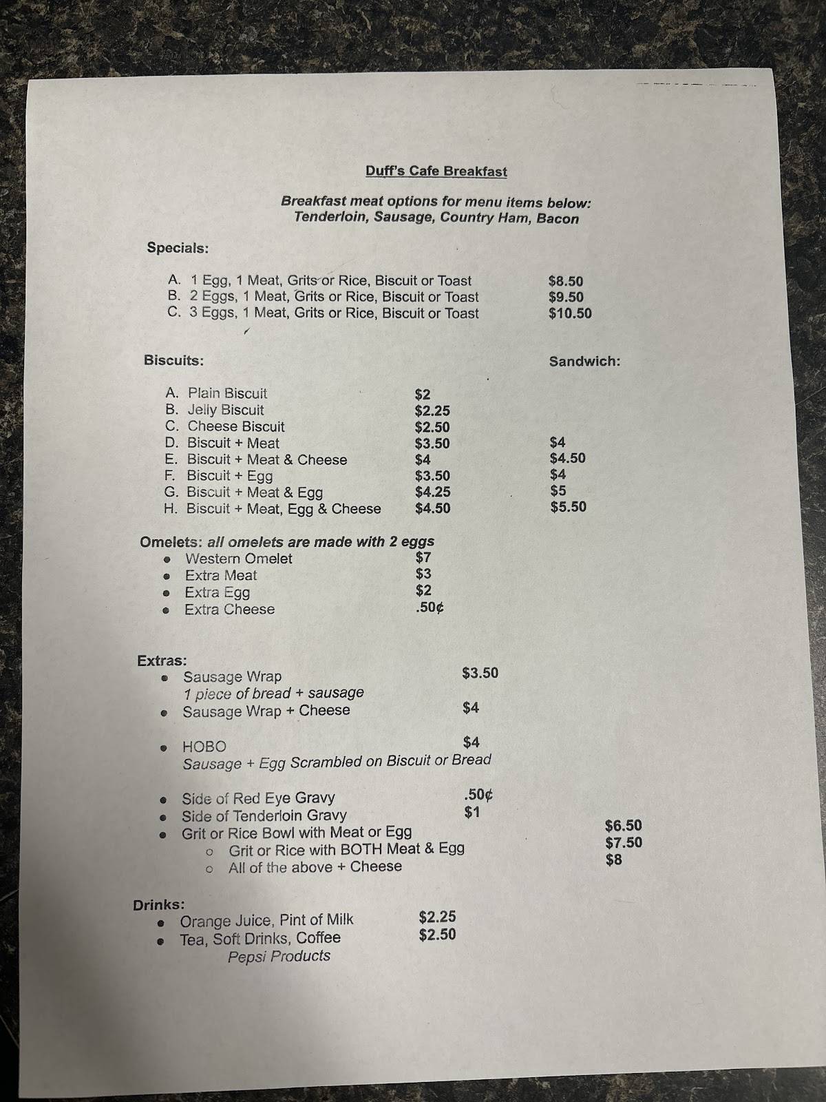 Menu at Duff's Cafe, Beulaville