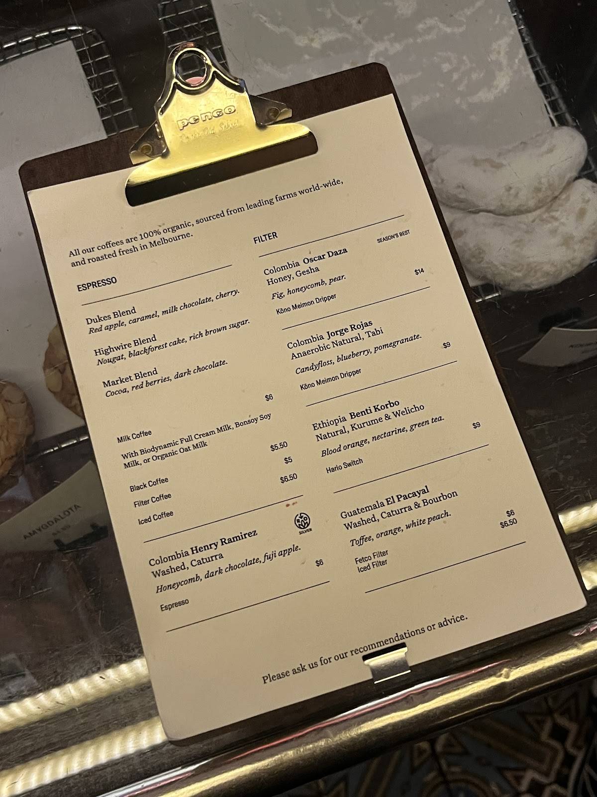 Menu at Dukes Coffee Roasters cafe, Melbourne, 247 Flinders Ln