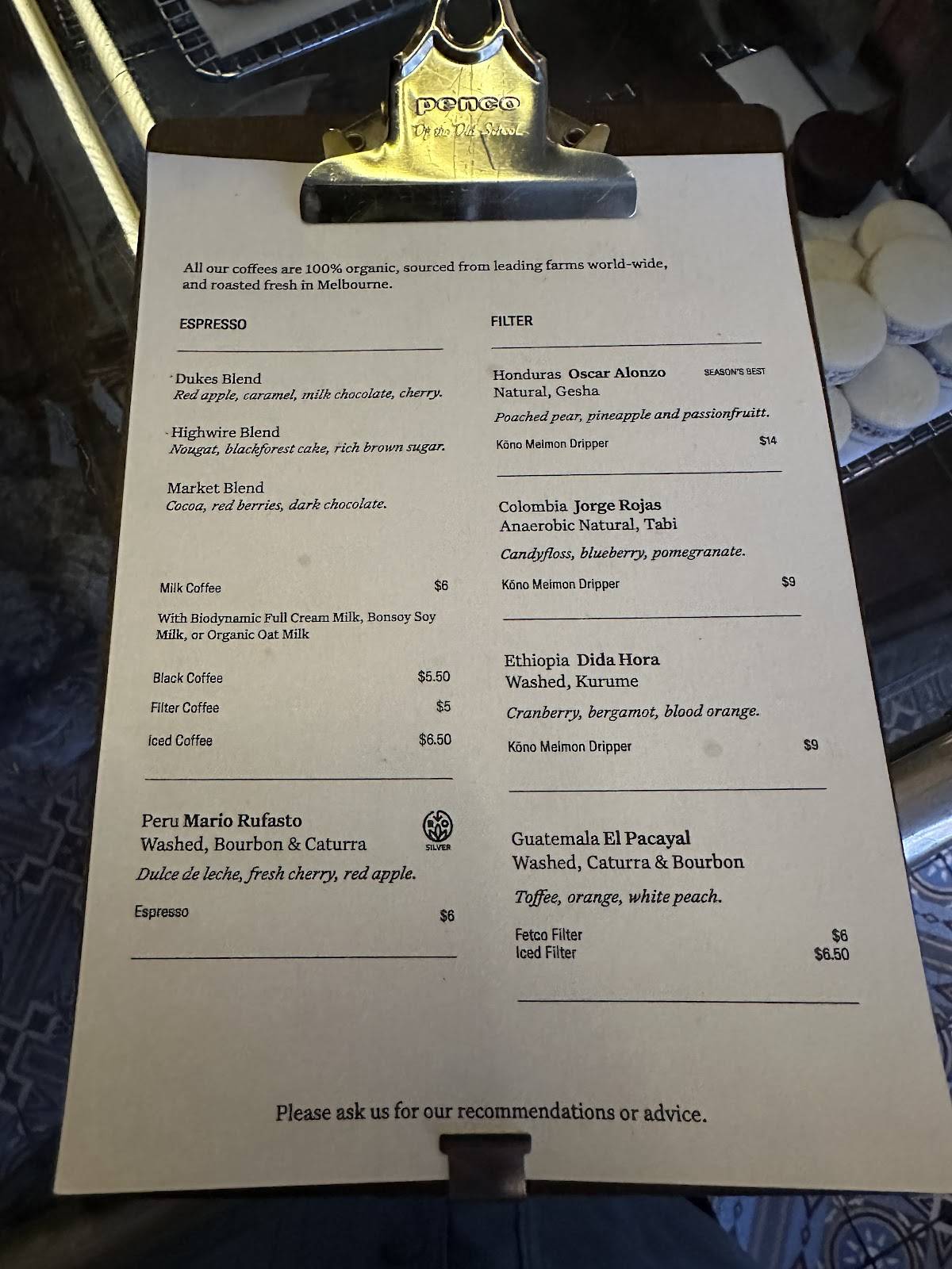 Menu at Dukes Coffee Roasters cafe, Melbourne, 247 Flinders Ln