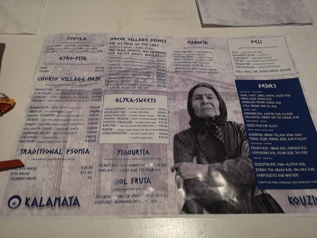 Menu at Kalamata Kouzina restaurant, Durban