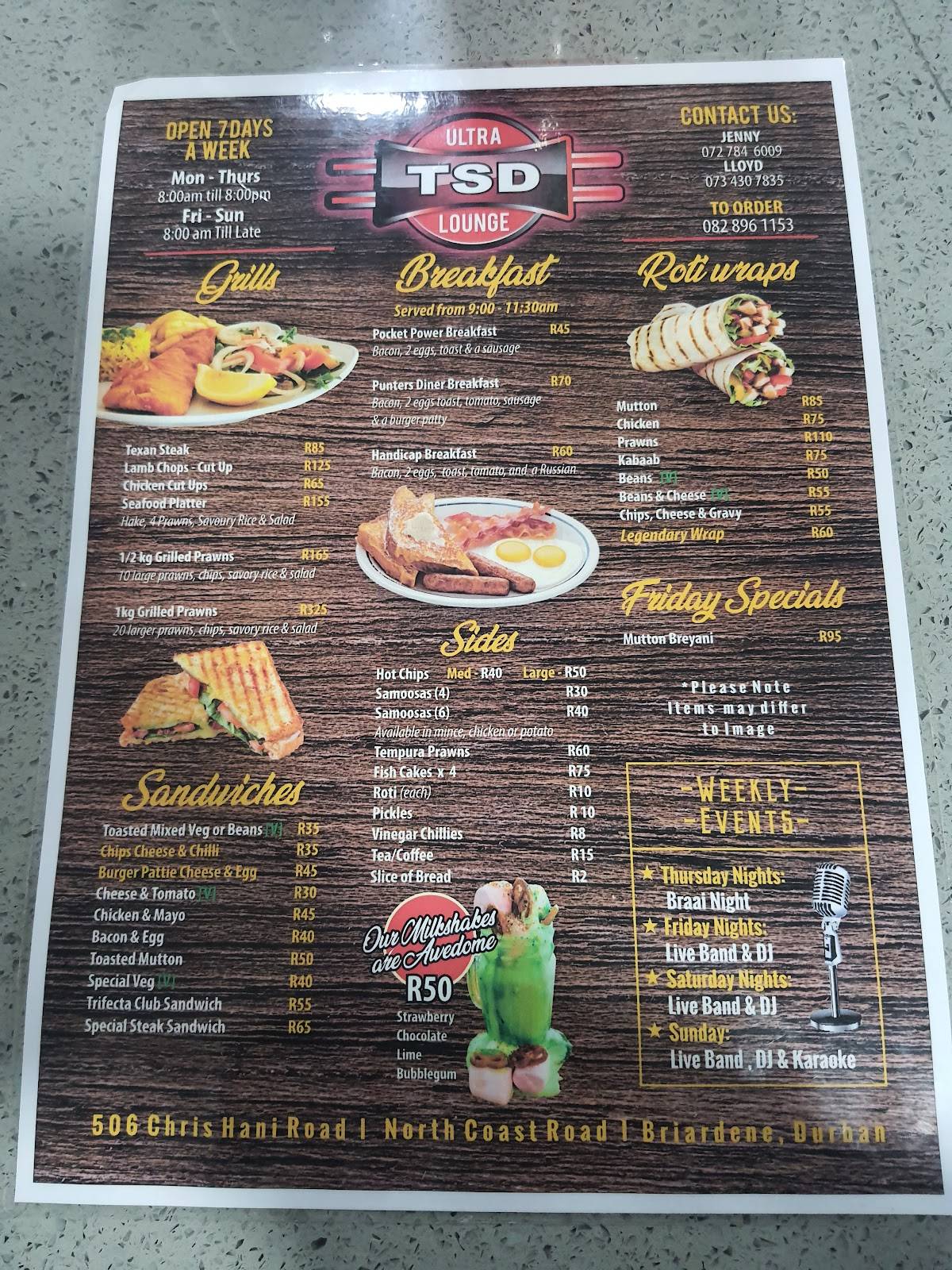 Menu at TSD Ultra LOUNGE restaurant, Durban North