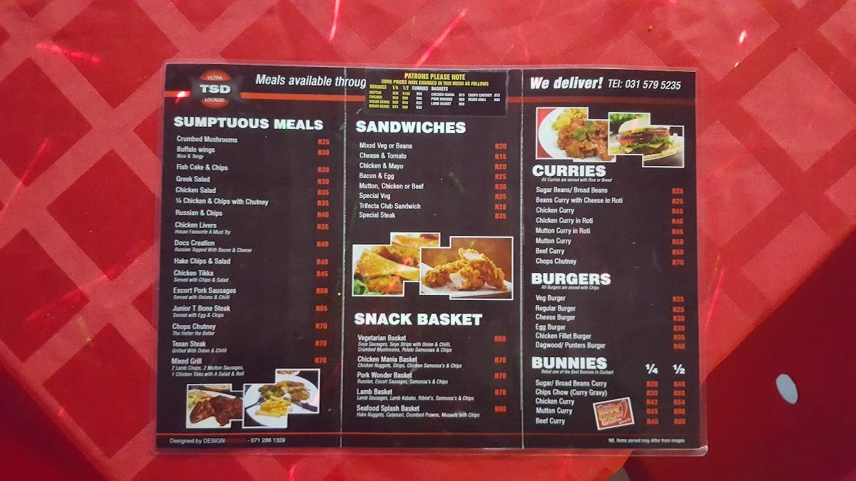 Menu at TSD Ultra LOUNGE restaurant, Durban North