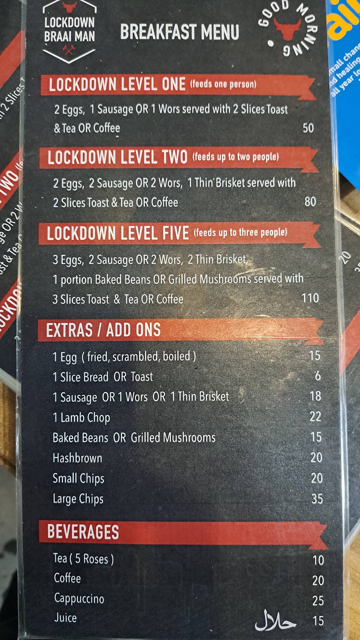 Menu at The Lockdown Braaiman restaurant, Durban