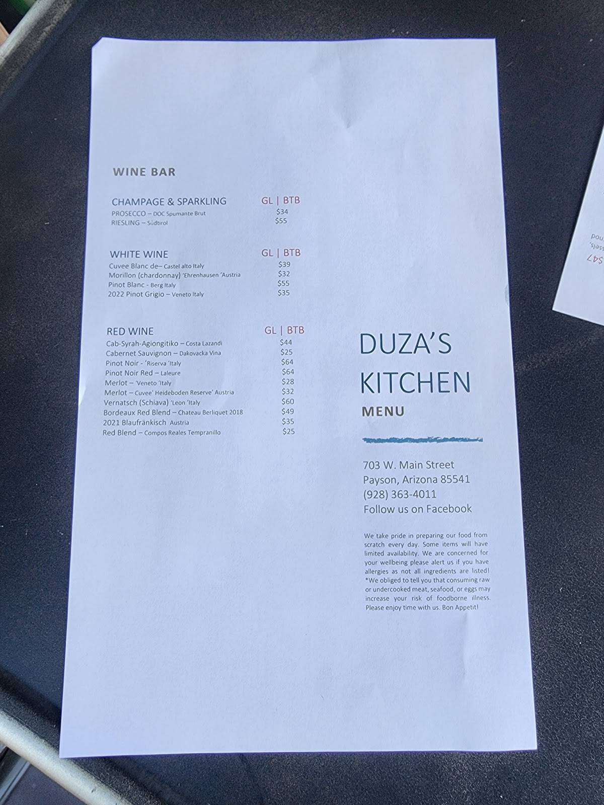 Menu at Duza's Kitchen restaurant, Payson, 703 W Main St