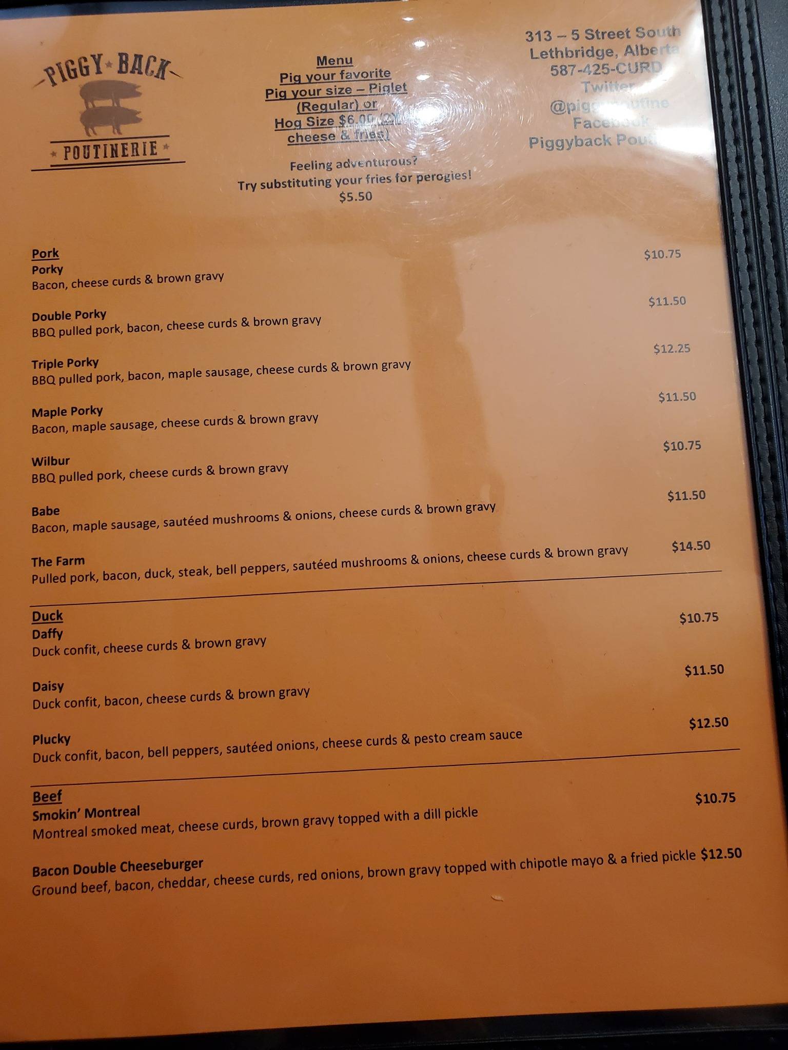 Menu at Dylan's Piggyback Poutinerie restaurant, Lethbridge, 328 5 St S