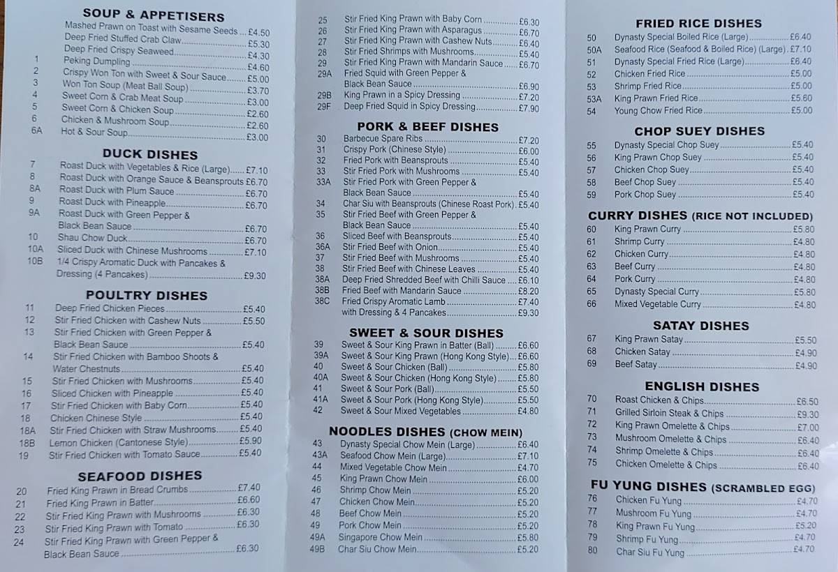 Menu at Dynasty Chinese Take Away. fast food, Welwyn Garden City