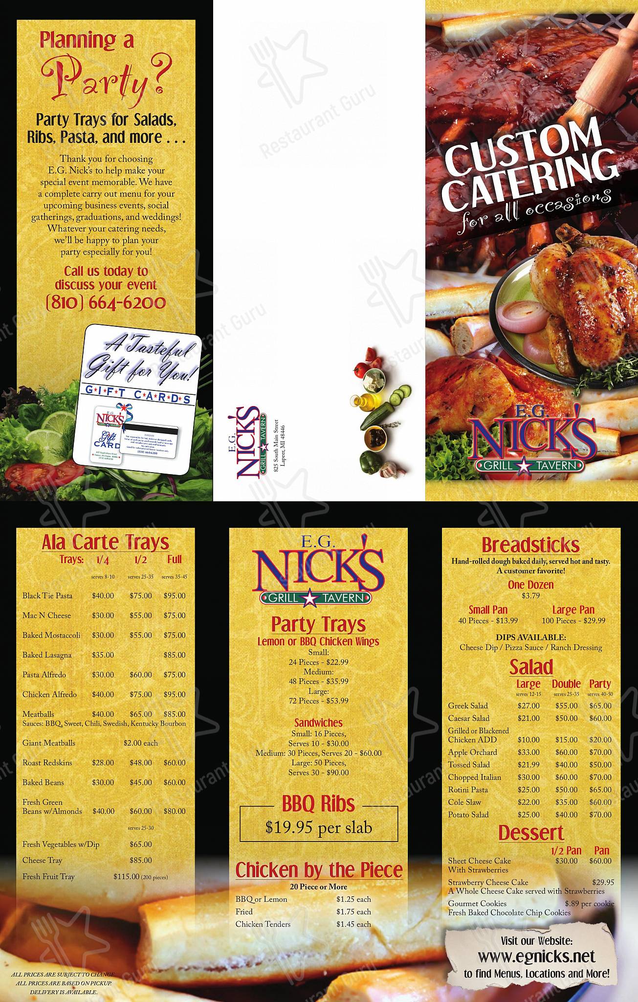 Menu at E.G. Nicks Grill & Tavern pub & bar, Lapeer