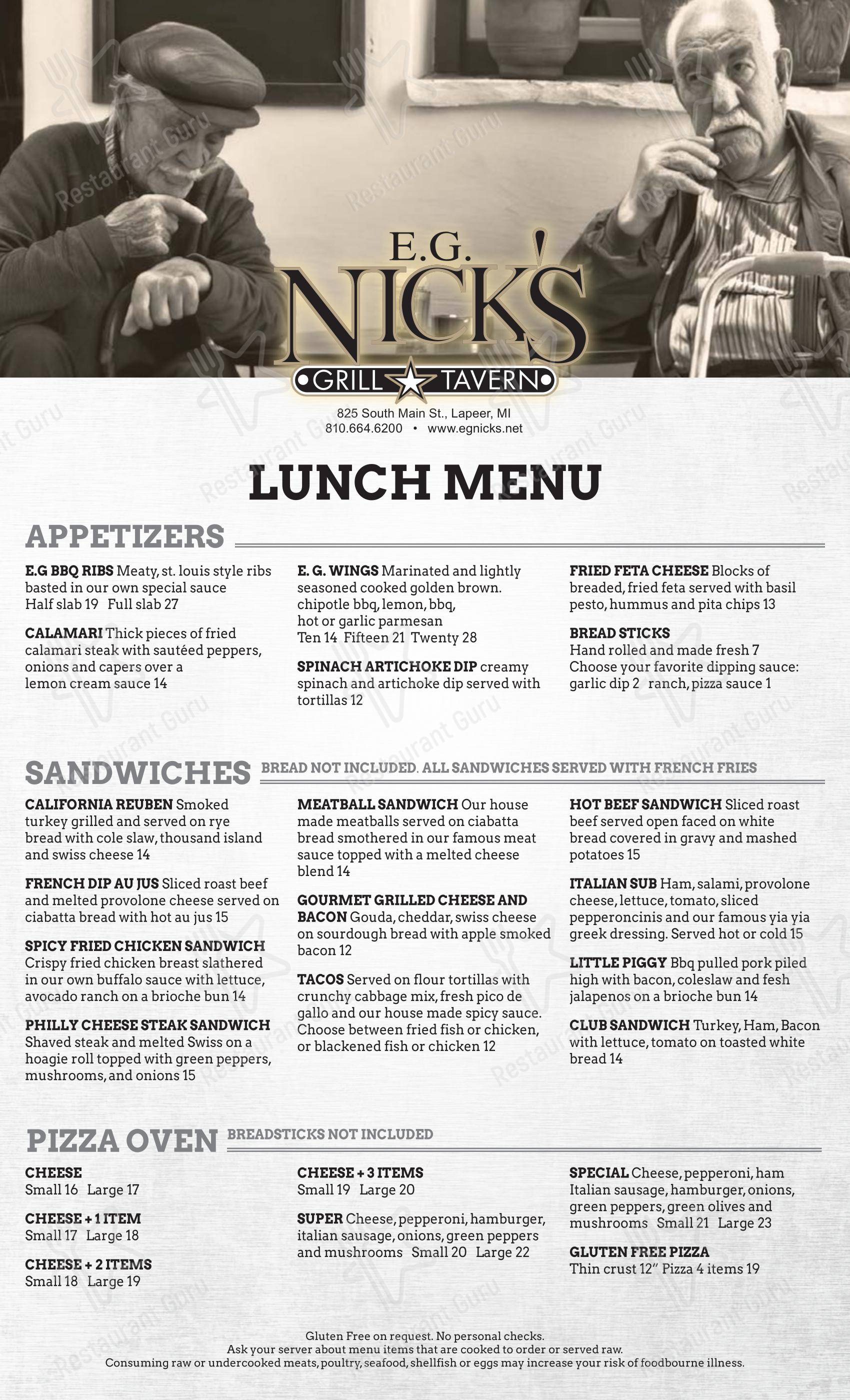 Menu at E.G. Nicks Grill & Tavern pub & bar, Lapeer