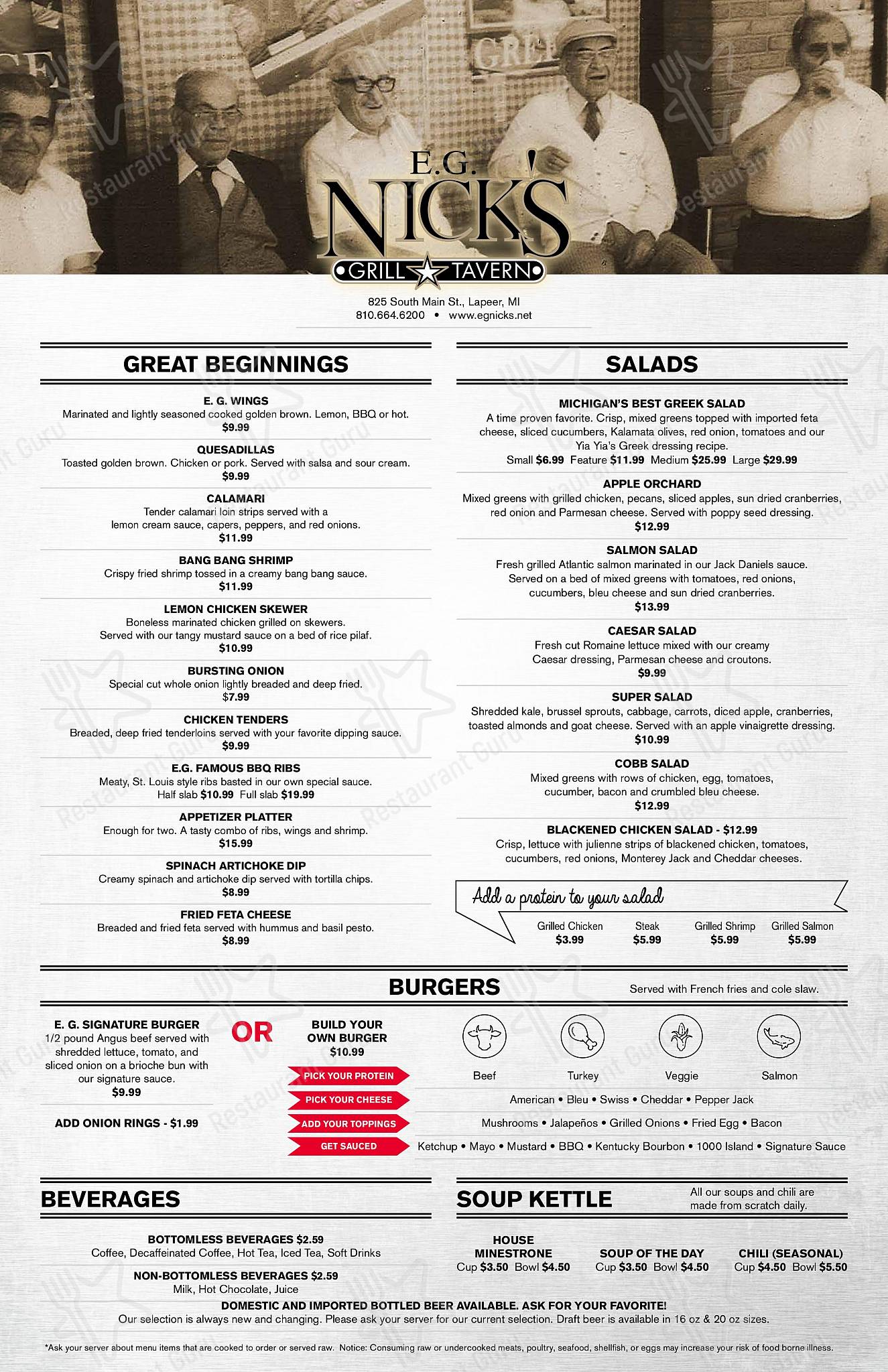 Menu at E.G. Nicks Grill & Tavern pub & bar, Lapeer