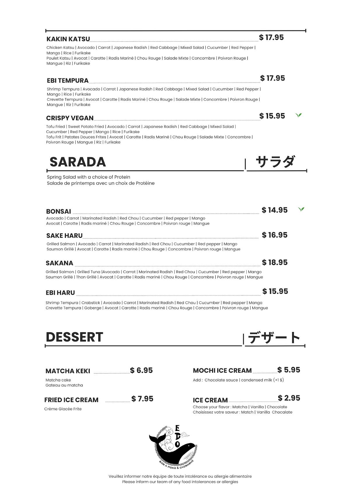 Menu at EDO IZAKAYA restaurant, Montréal