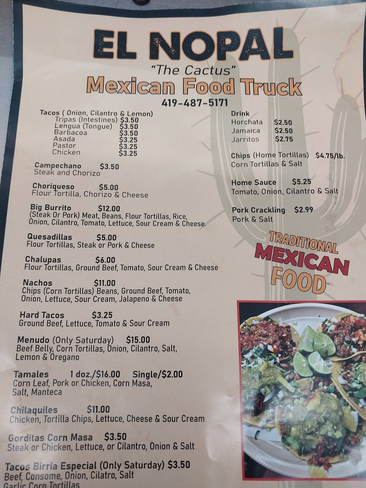 Menu at EL NOPAL MEXICAN FOOD TRUCK restaurant, Hicksville