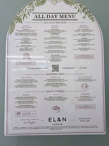 Menu at EL&N London cafe, London, Selfridges