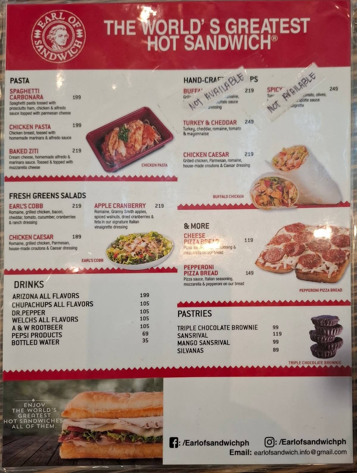 Menu at Earl of Sandwich restaurant, Pasig