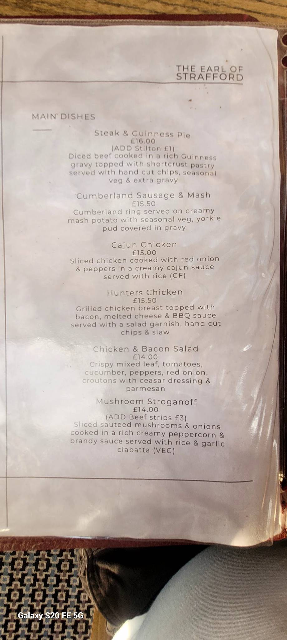 Menu at The Earl of Strafford at Hooton Roberts restaurant, Rotherham