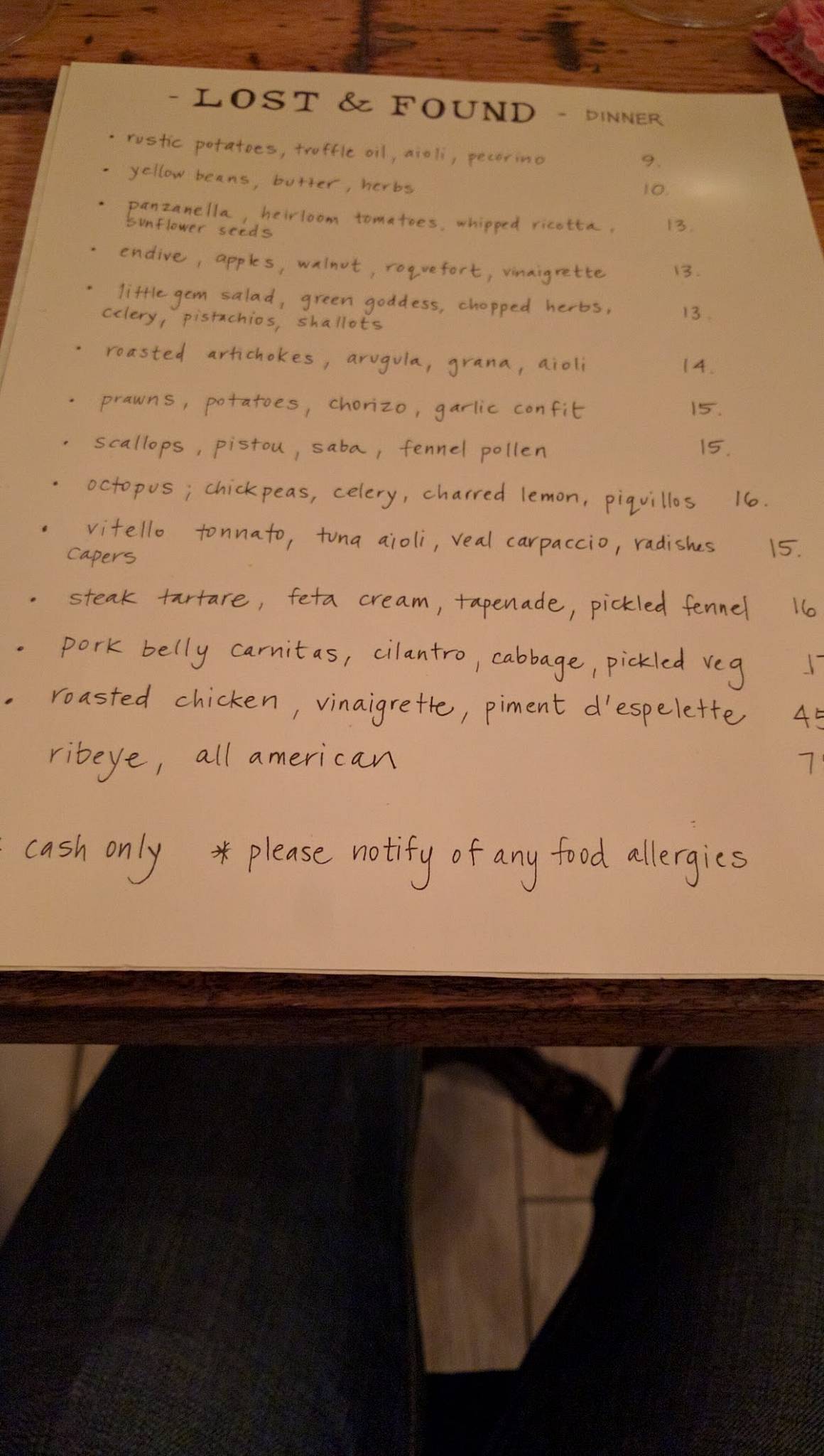 Menu at Lost And Found restaurant, Long Beach