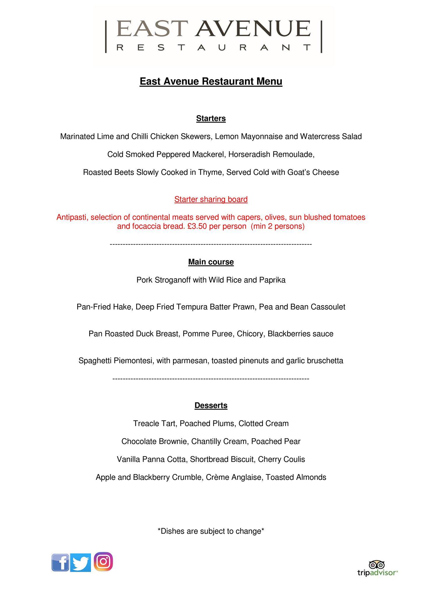 Menu at East Avenue Restaurant, Eastleigh