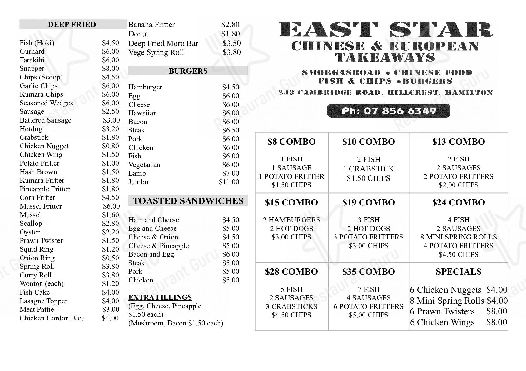Menu at East Star Takeaways fast food, Hamilton