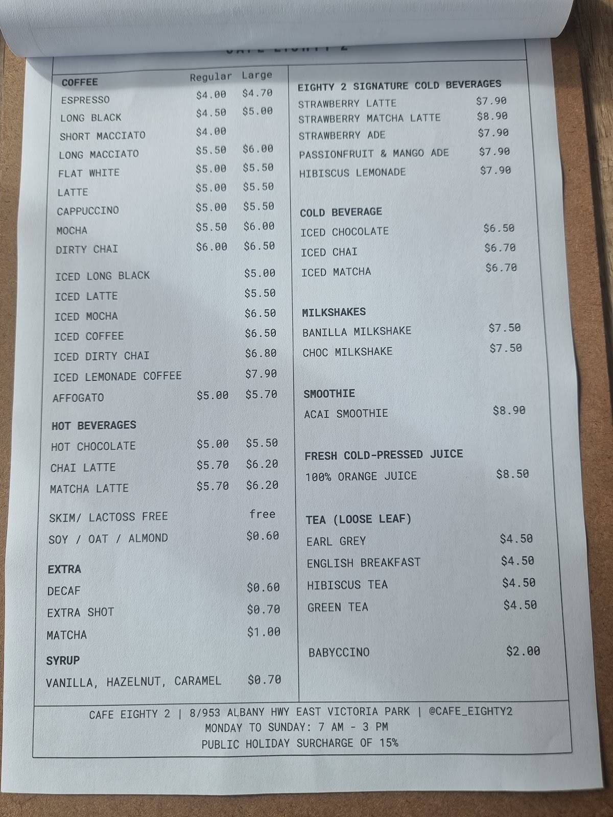 Menu at Cafe Eighty2, East Victoria Park