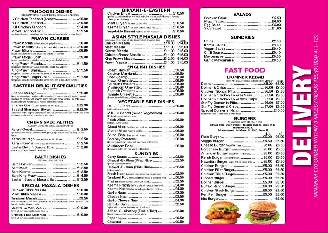 Menu at Eastern Delight fast food, Heckmondwike
