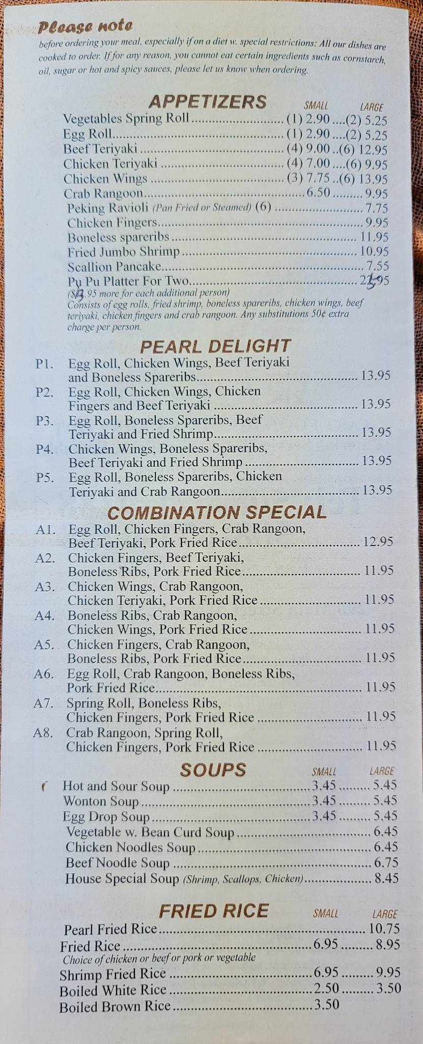 Menu at Eastern Pearl restaurant, Webster