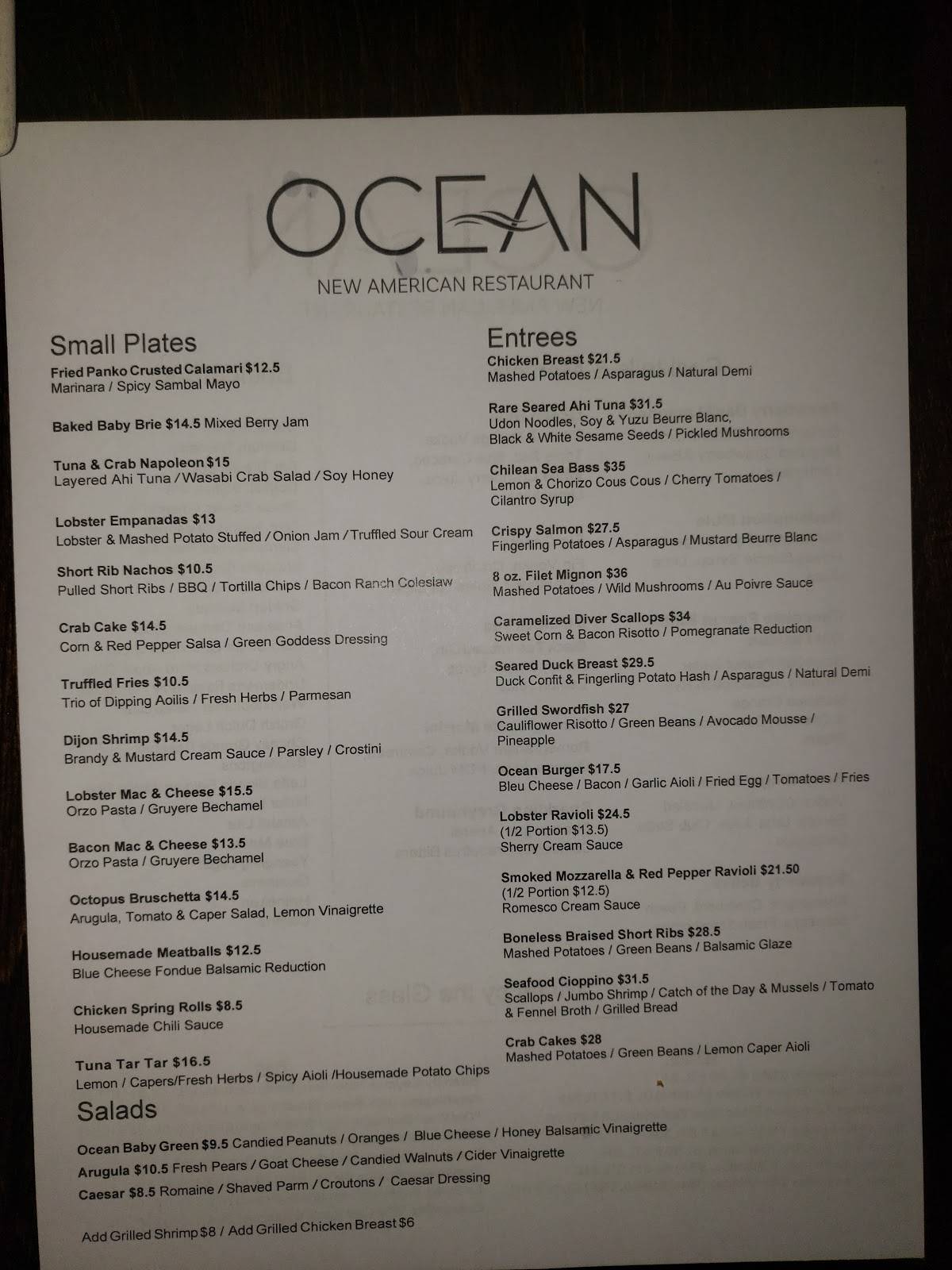 Menu at Ocean restaurant, Easton
