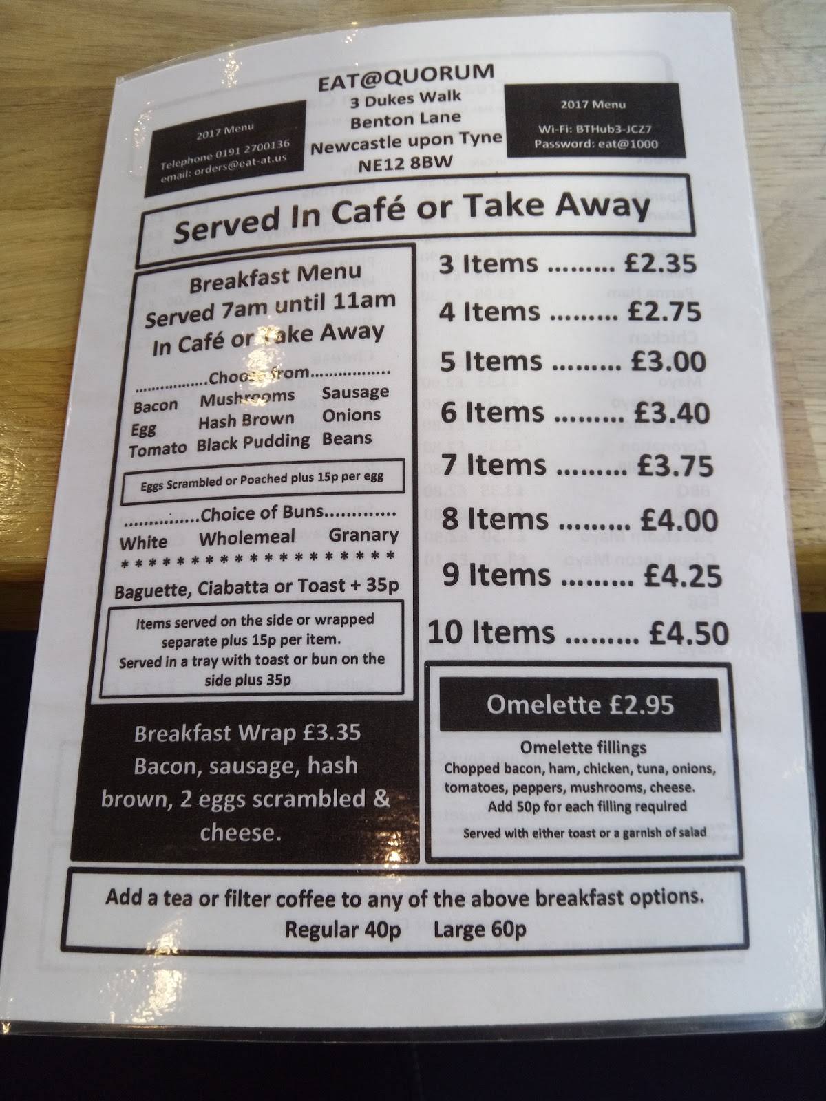 Menu at Eat @ Quorum cafe, Newcastle upon Tyne