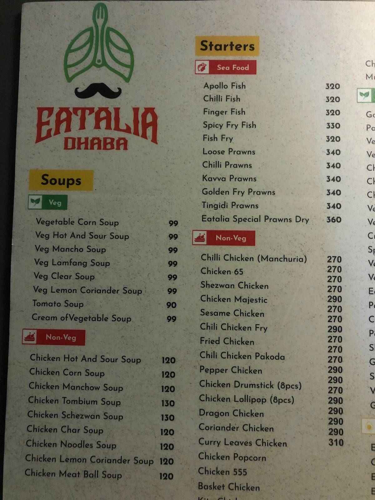 Menu at Eatalia dhaba, Secunderabad