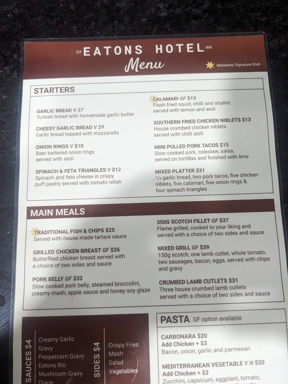 Menu at Eatons Hotel pub & bar, Muswellbrook