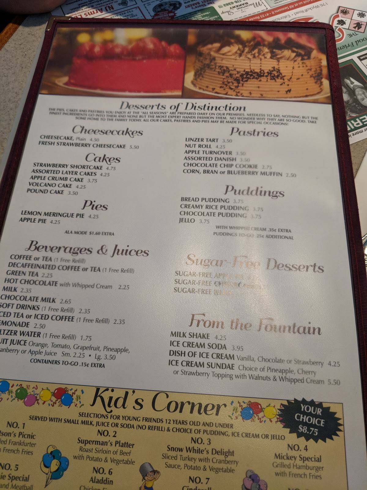 Menu at All Seasons Diner restaurant, Eatontown