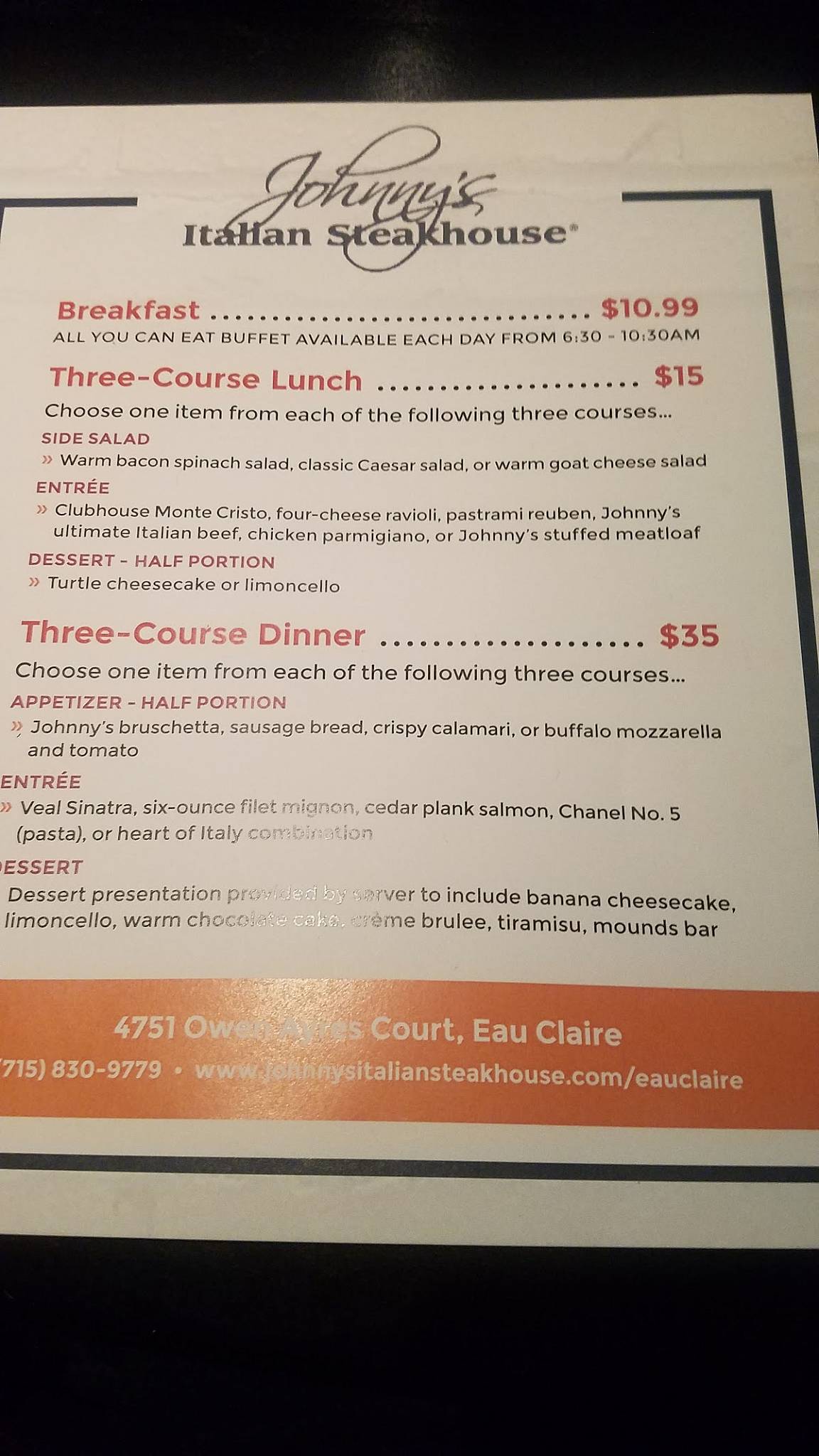 Menu at Johnny's Italian Steakhouse, Eau Claire