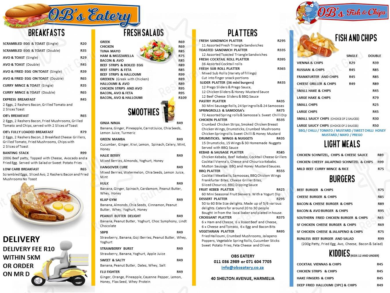Menu at OBs Eatery Edenvale (Harmelia) restaurant, Edenvale