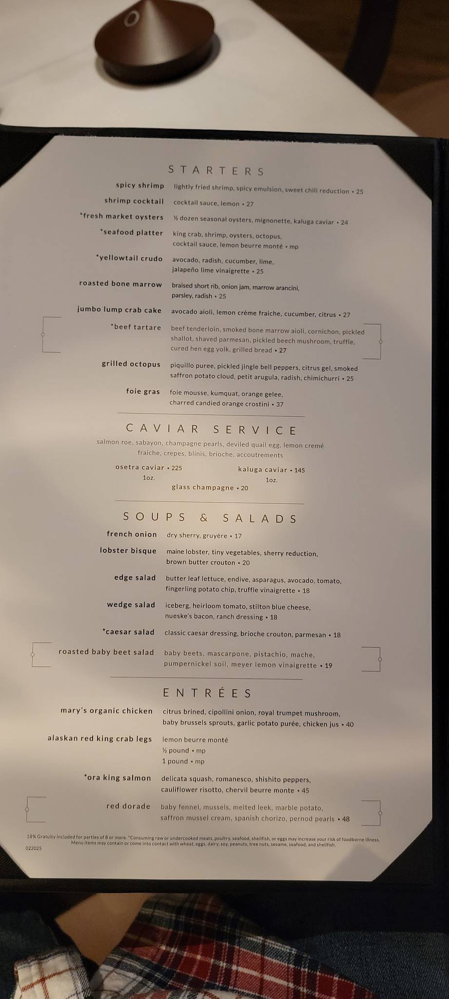 Menu at Edge Steakhouse, Las Vegas