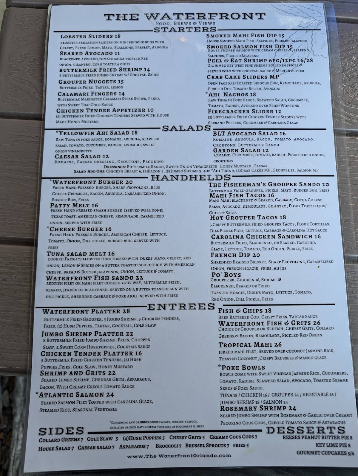 Menu at The Waterfront restaurant, Orlando