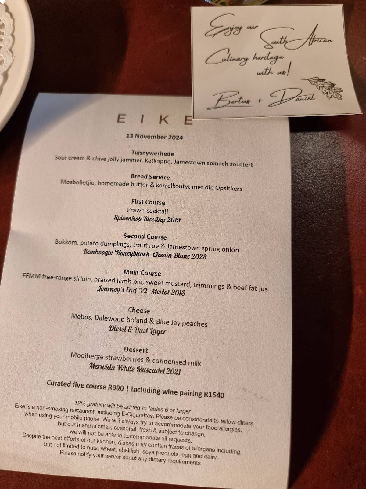 Menu bij Eike by Bertus Basson restaurant, Stellenbosch