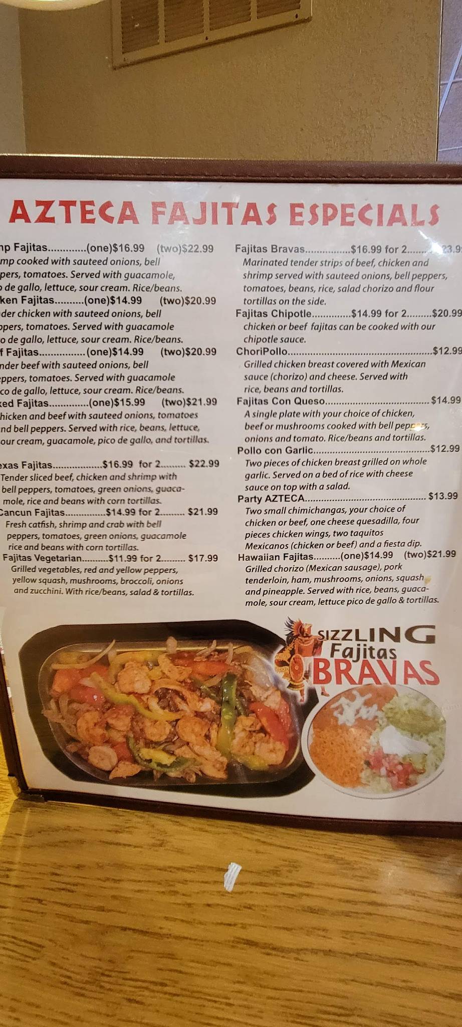 Menu at El Azteca restaurant, Worthington